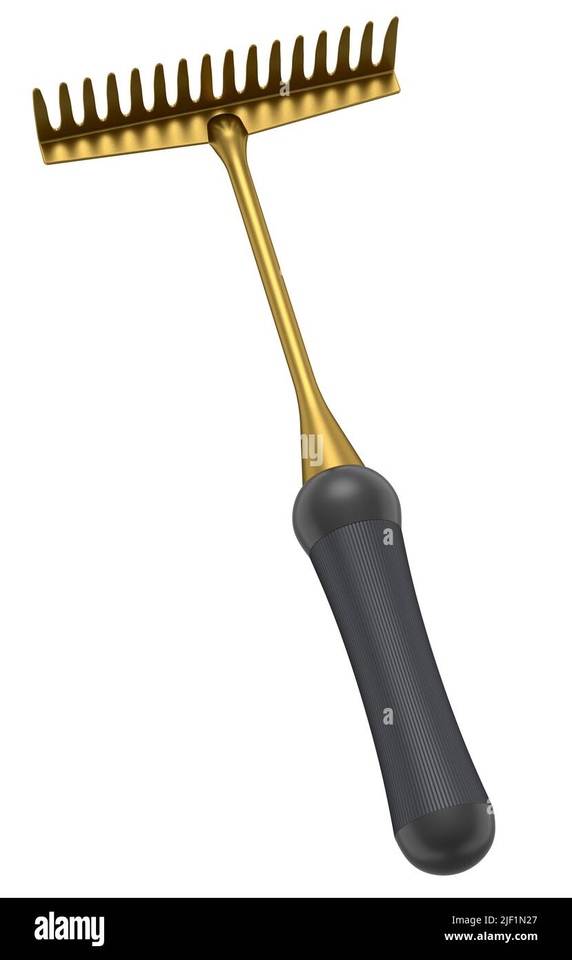 Garden rake with wooden handle for harvesting hay on white background ...