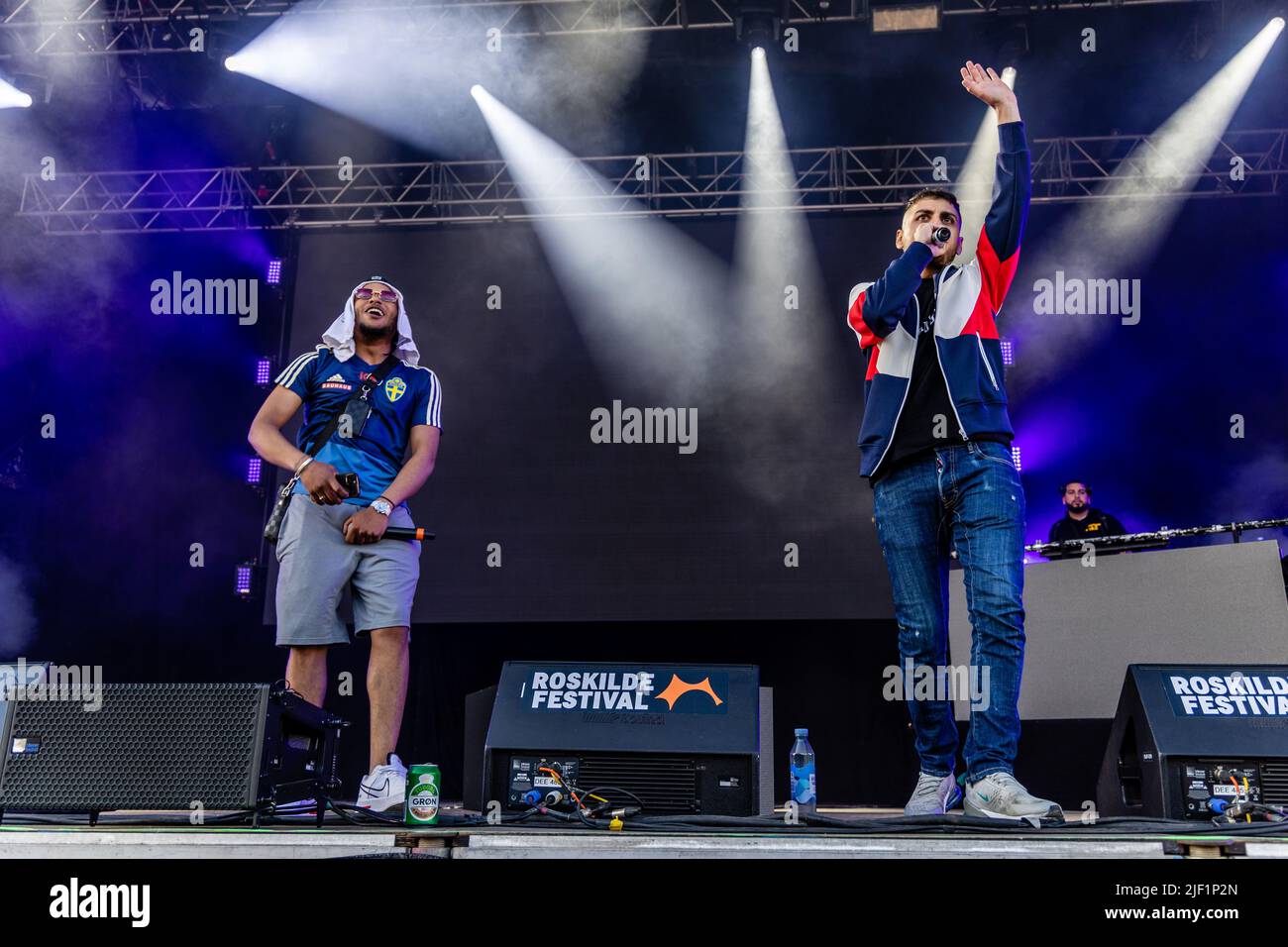 Roskilde, Denmark. 28th June, 2022. The Swedish rapper A36 (R) performs ...