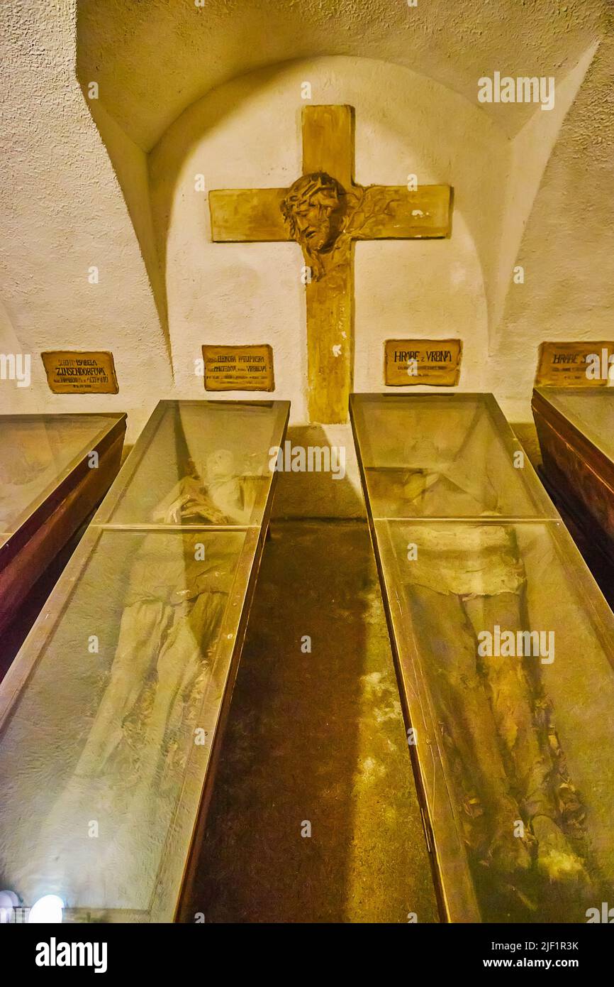 BRNO, CZECH REPUBLIC - MARCH 10, 2022: The mummies of deceased capuchin ...