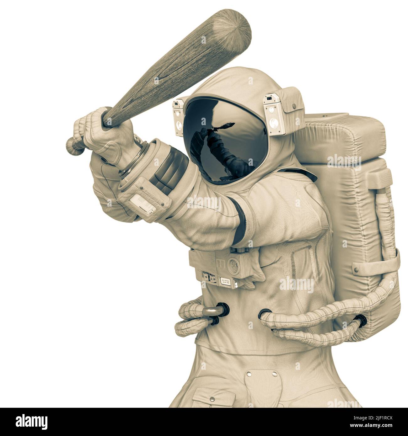 astronaut is attacking with a baseball bat pose three, 3d illustration ...