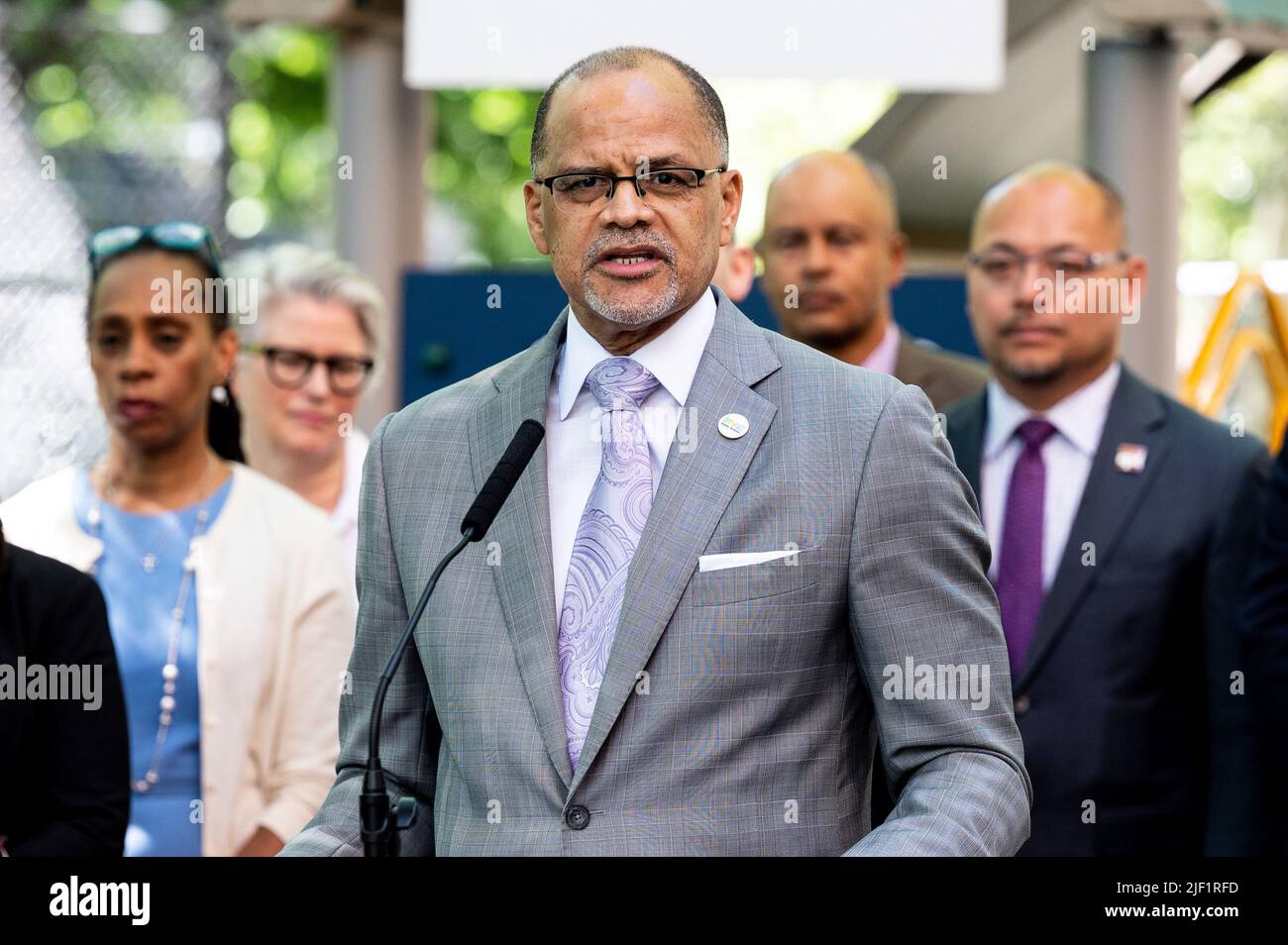 New York City School Chancellor David Banks speaking at an event at the ...