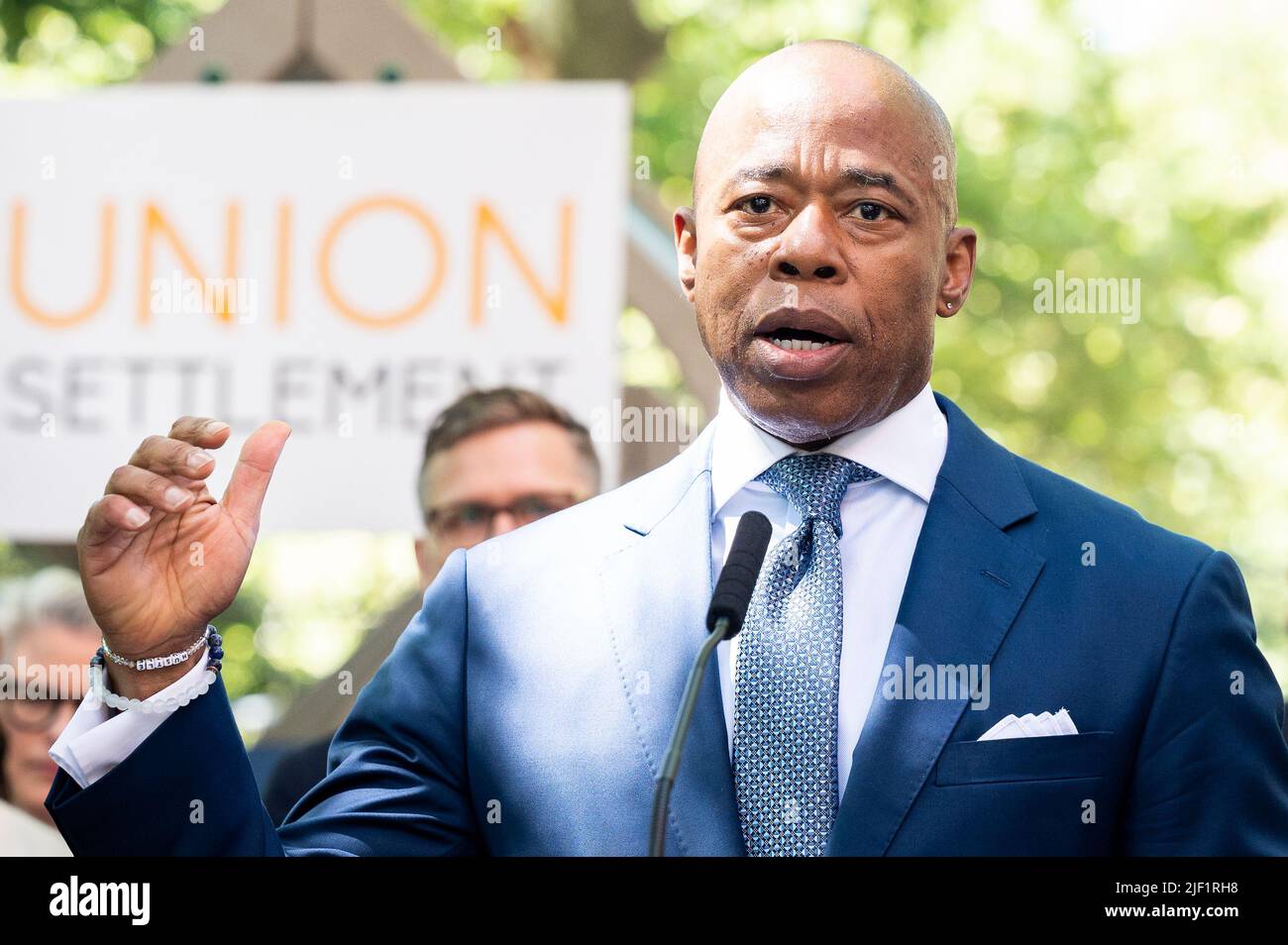 New York City Mayor Eric Adams (D) speaking at an event at the Union ...