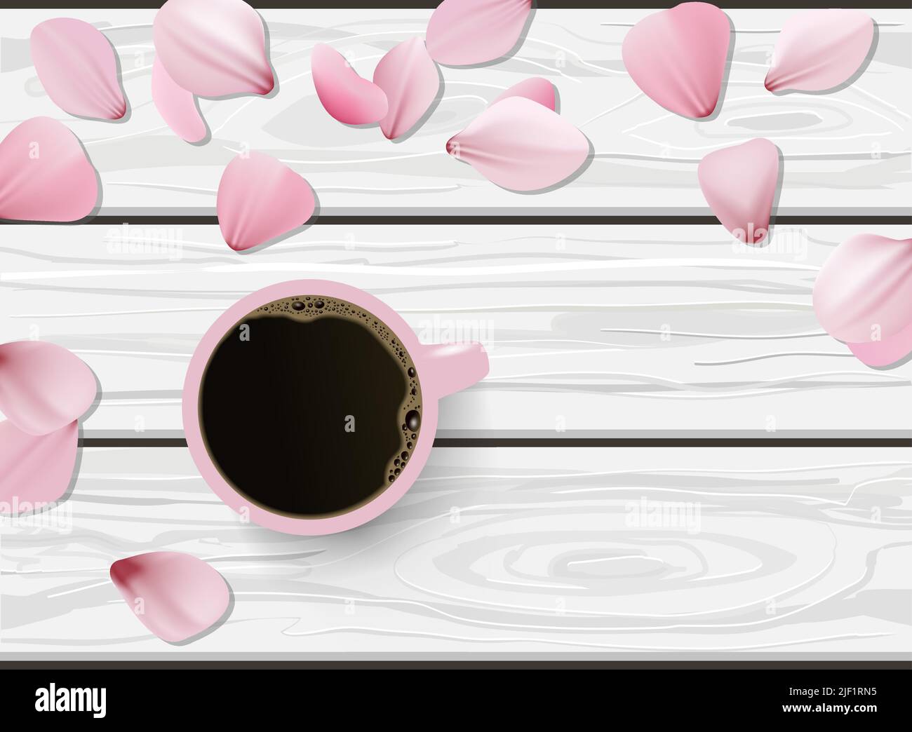 Hand drawn wooden vector flat lay with pink cup of coffee and scattered ...