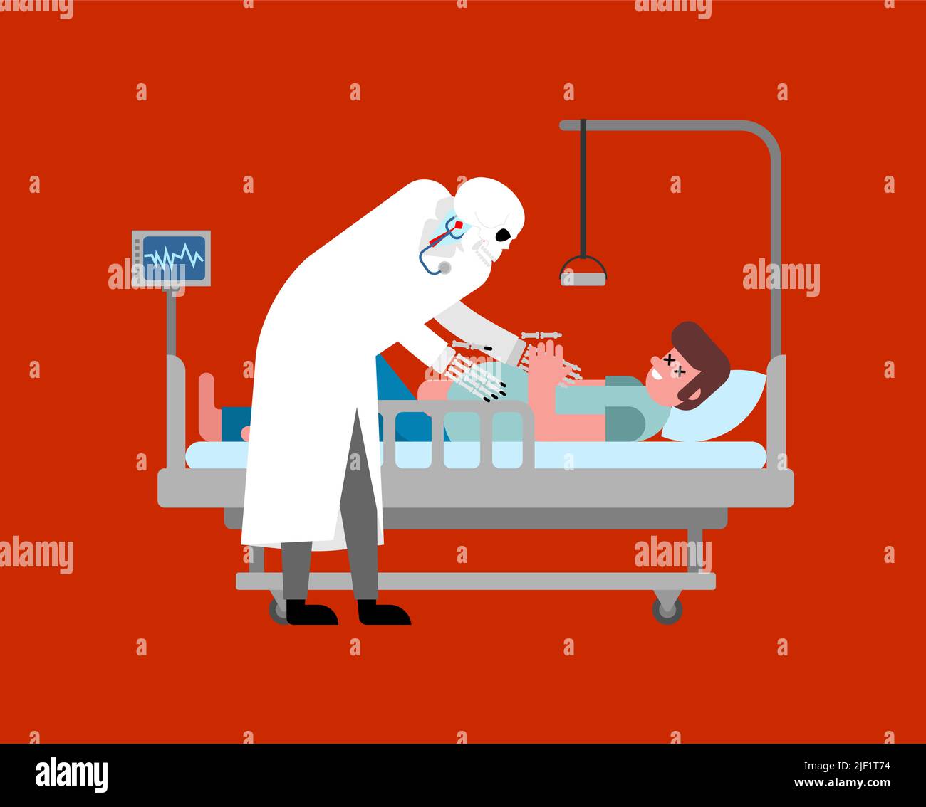 Death doctor and patient. Doctor Grim Reaper and sick. Vector ...