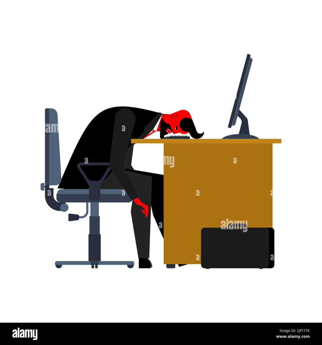 Devil tired of work. head is on table. Satan is weary. Office workplace ...
