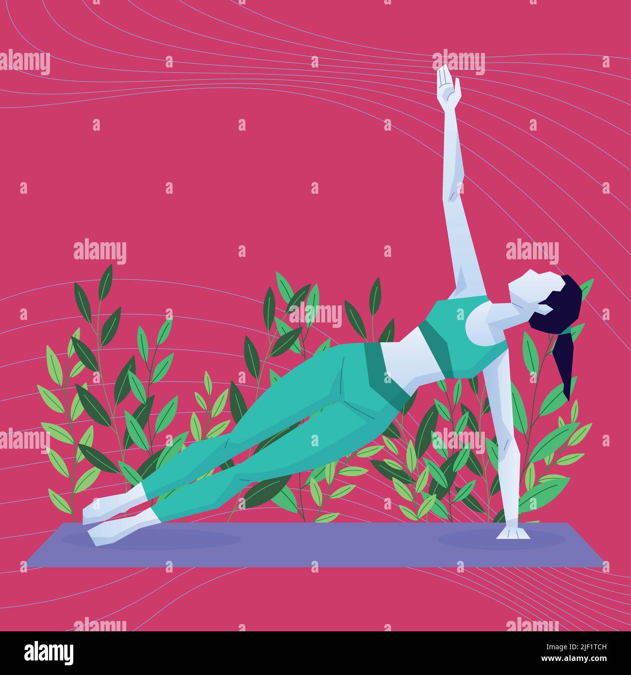 Abstract girl character doing yoga exercises on natural environment ...