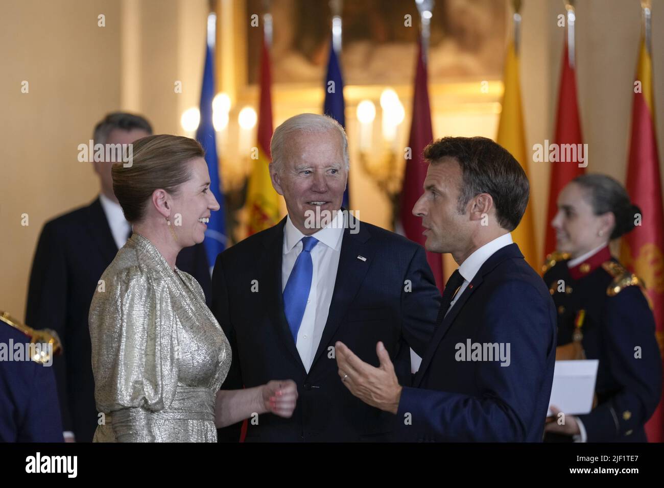 Madrid, Spain. 28th June, 2022. President Joe Biden (C) speaks with ...