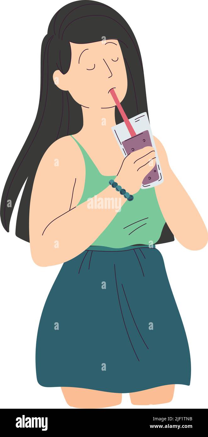 Isolated cute young girl cartoon character enjoying a drink Vector ...