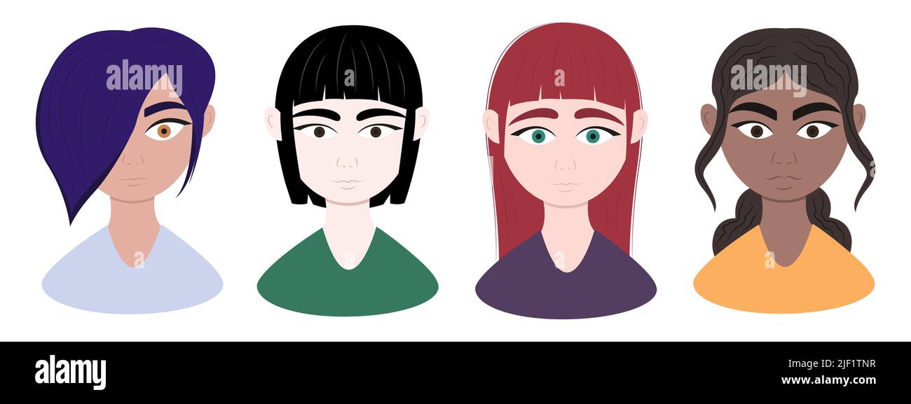 Women different race portrait cartoon set. Beautiful American, Asian ...