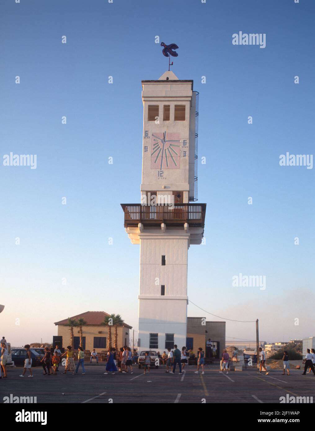 Israel, Asdod, light tower with sundial clock face in the coastal area ...