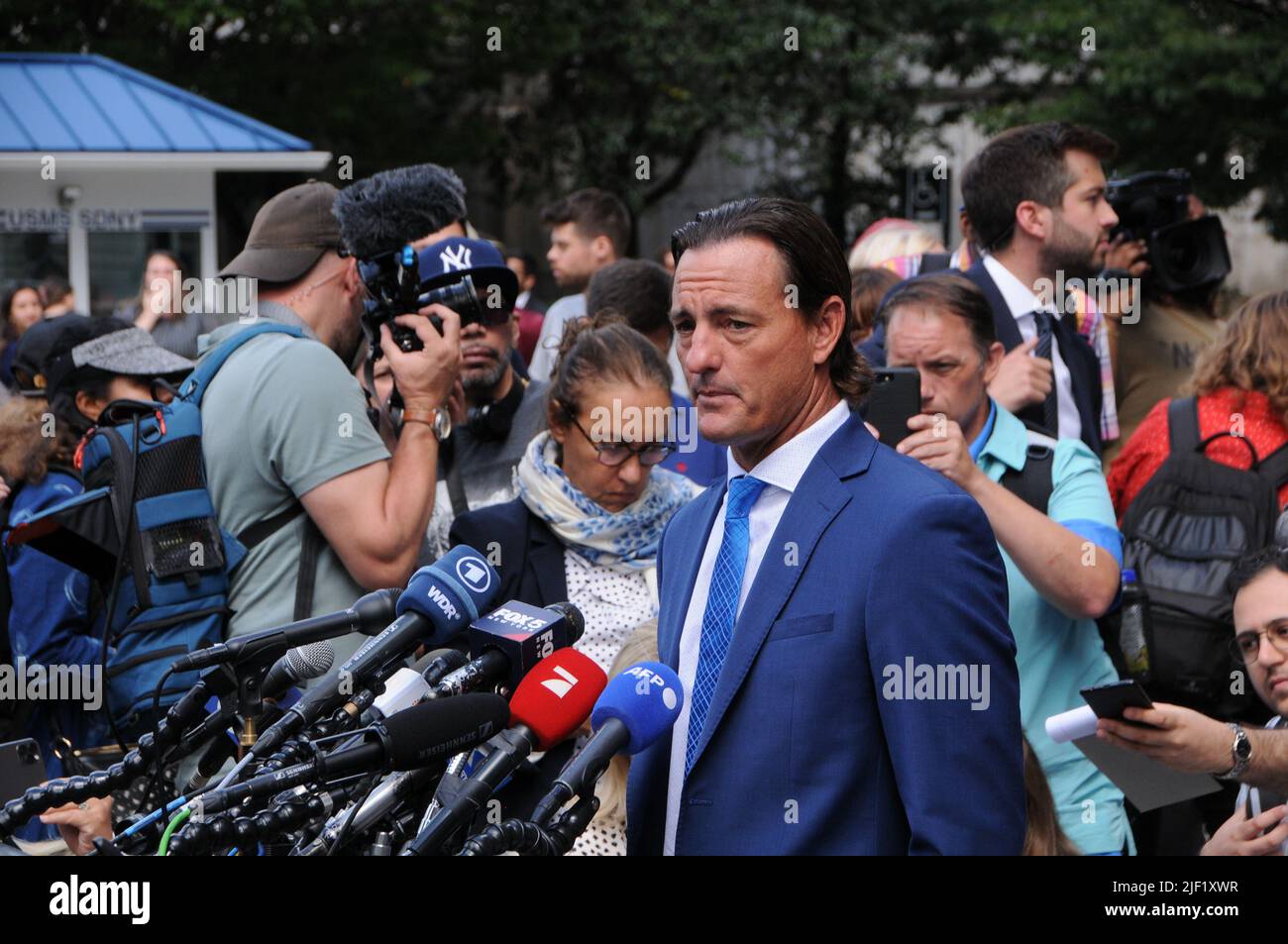 A lawyer speaks after the sentencing of Ghislaine Maxwell at Thurgood ...