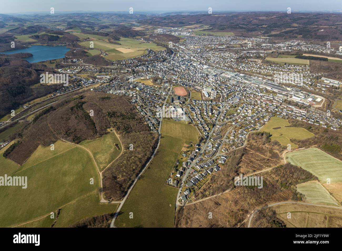 Aerial view, local view Meschede-Süd and dam Hennetalsperre, Meschede ...