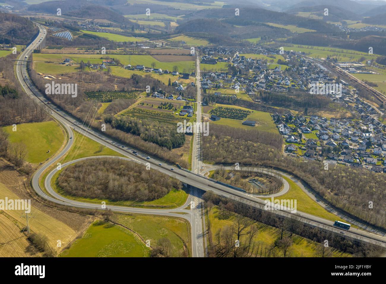 Aerial view, motorway junction Wennemen of the A46, Meschede, Sauerland ...