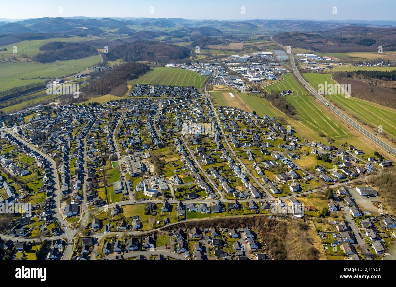 Aerial view, residential area Meschede-Nord with view to the industrial ...