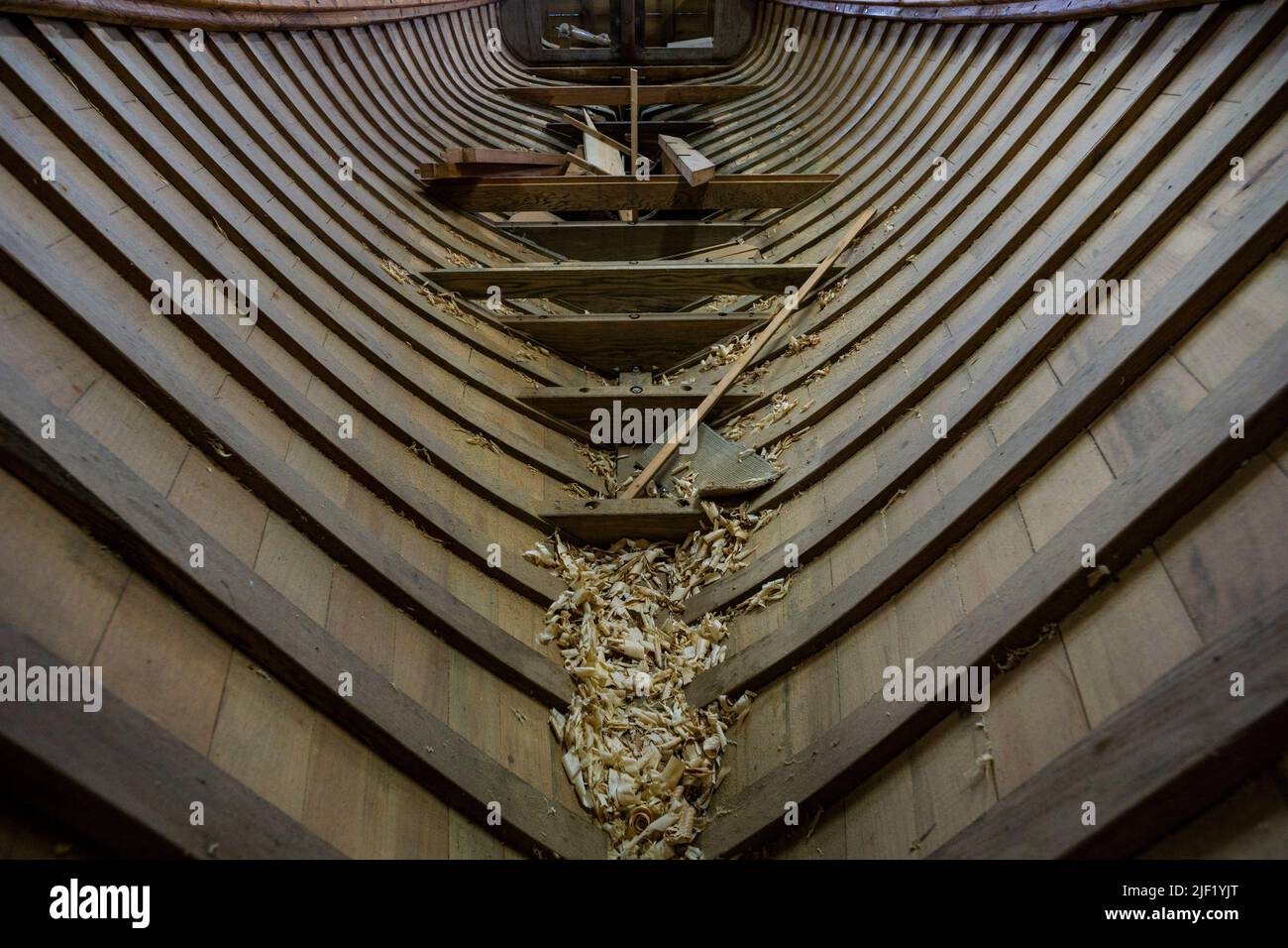 Interior of a wooden boat hull during the building process Stock Photo ...