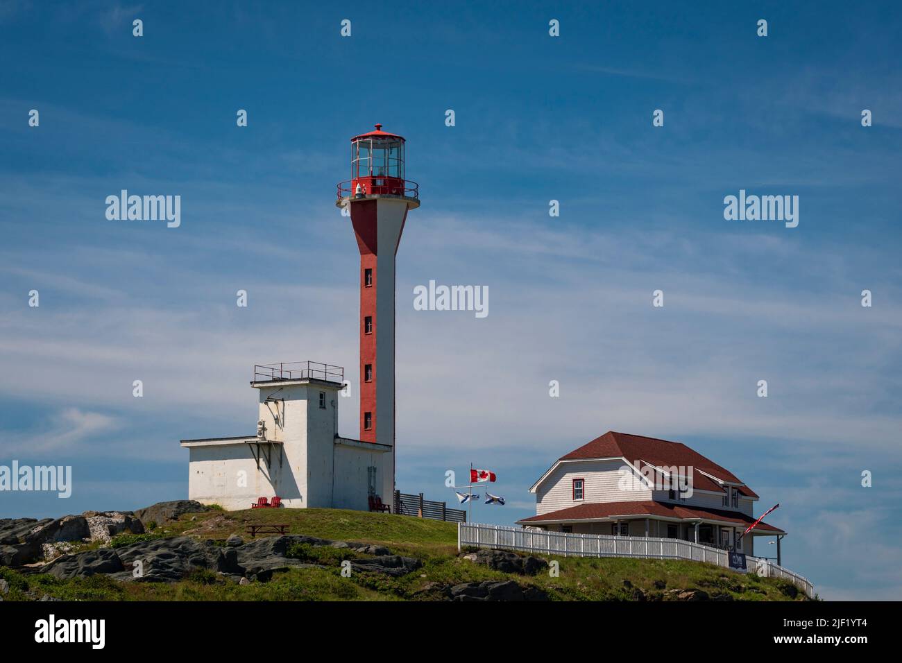 The lighthouse tower at Cape Forchu in Nova Scotia, Canada Stock Photo ...