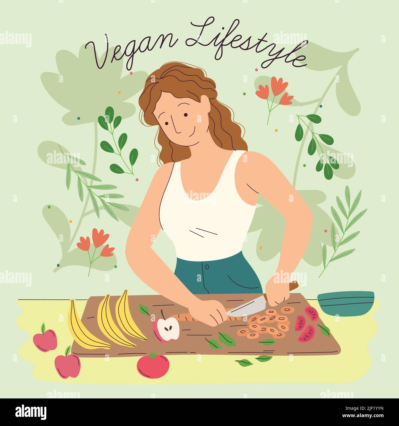 Girl cartoon character slicing some fruits and vegetables Vegan ...