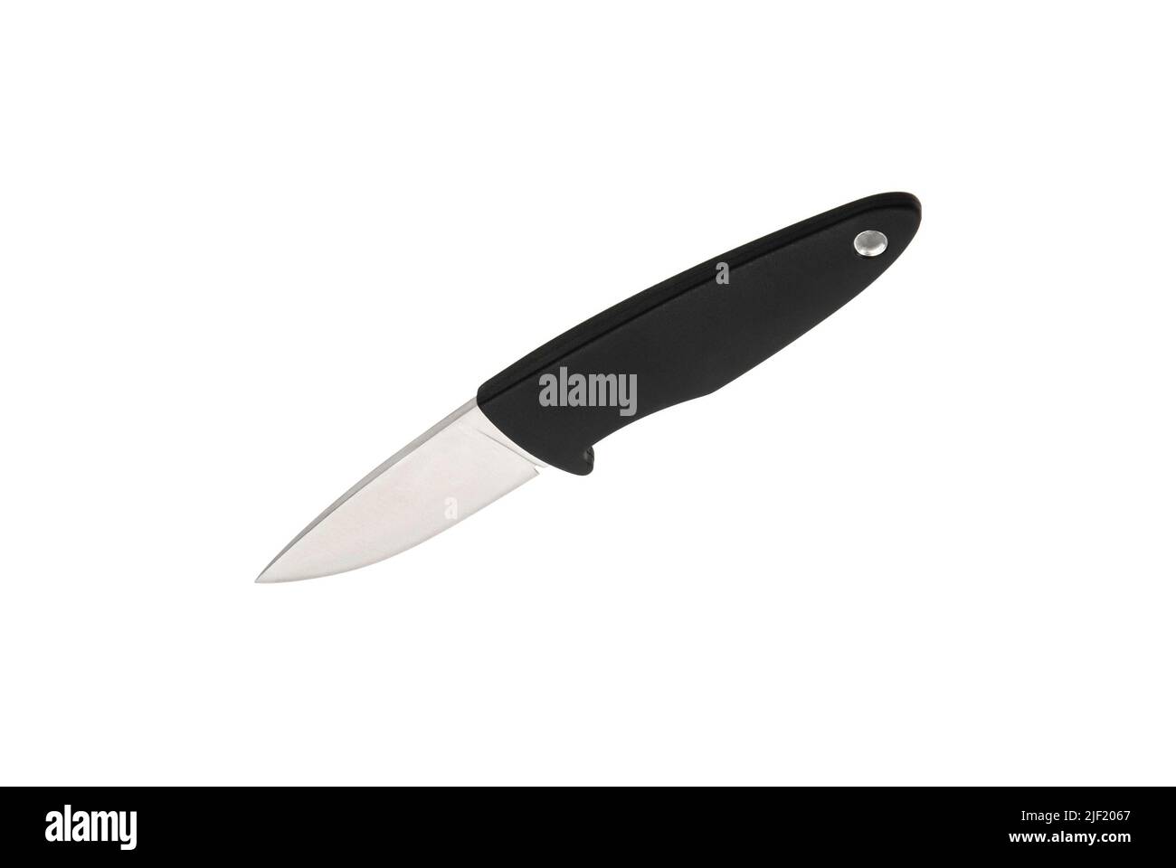 Modern hunting knife with silver blade and rubber handle. Steel arms ...