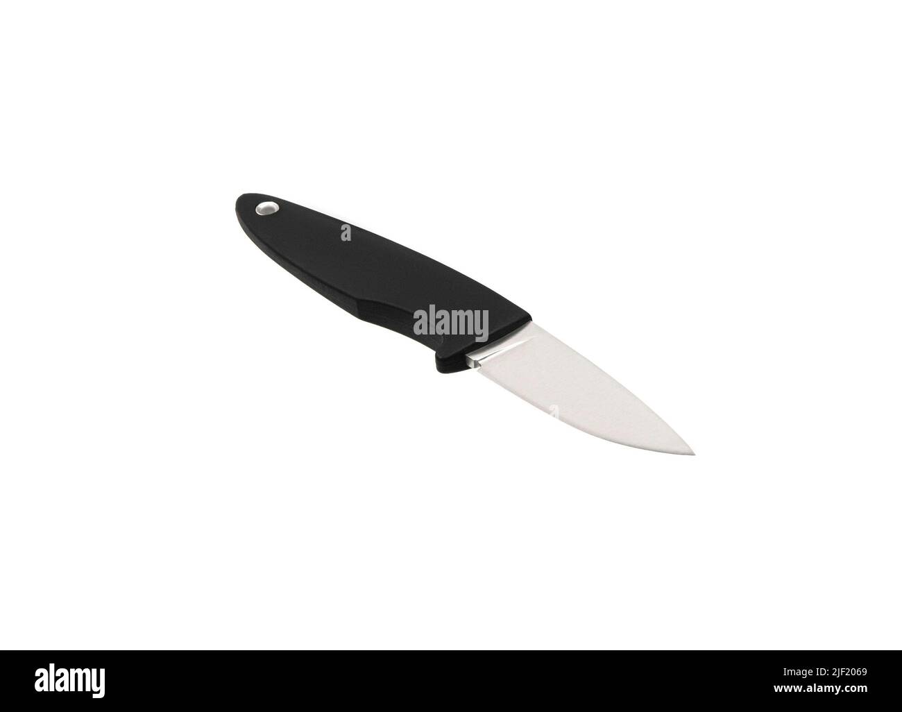 Modern hunting knife with silver blade and rubber handle. Steel arms ...