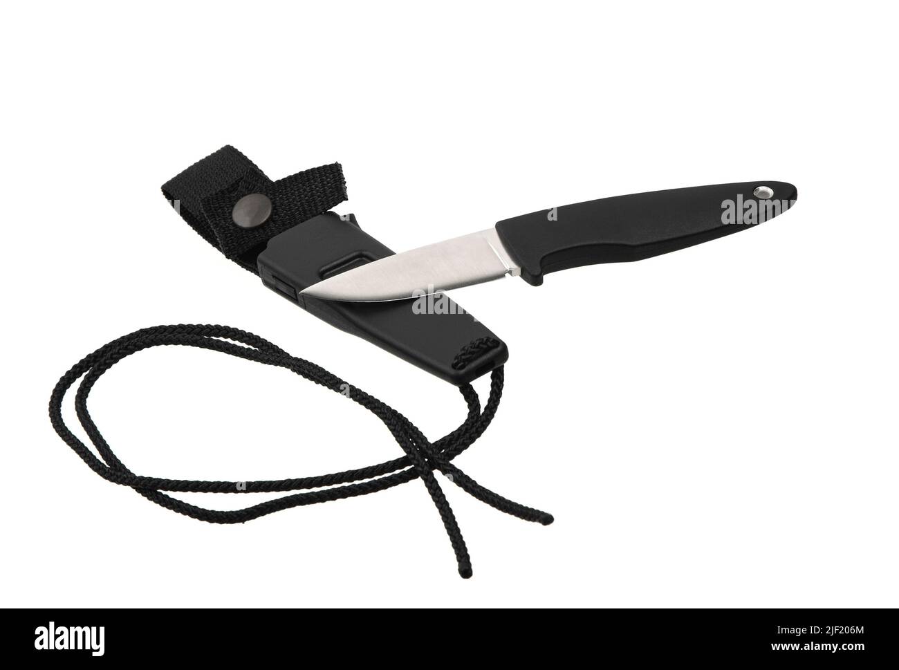 Modern hunting knife with silver blade and rubber handle. Steel arms ...