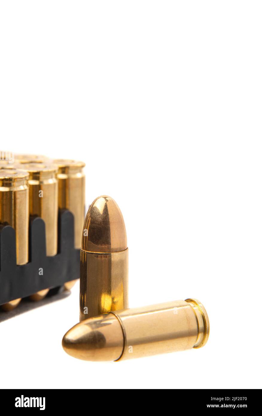 A box of cartridges for a pistol. Ammunition for weapons. Isolate on a ...