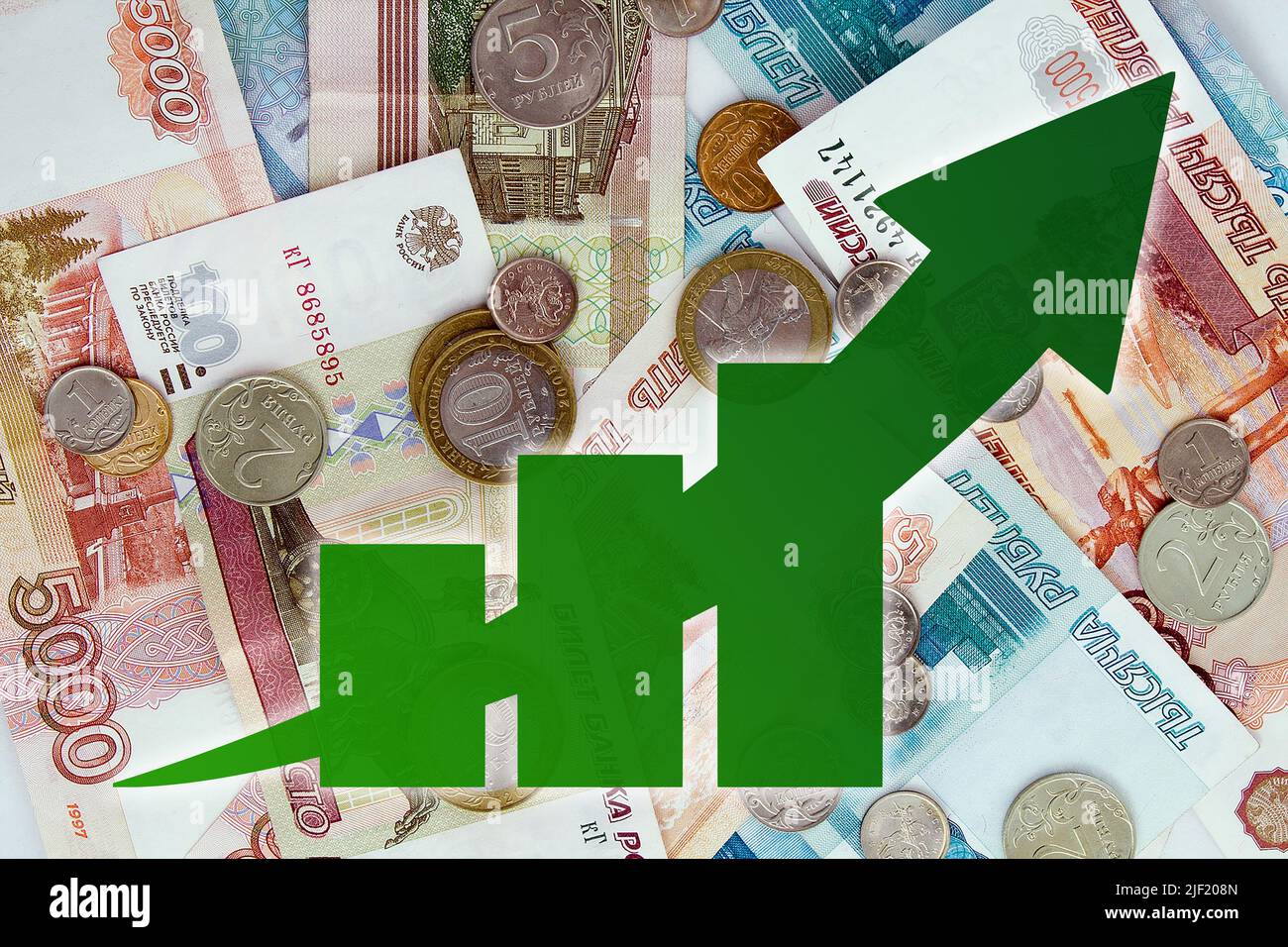 Economy graph: Russian rubles and rising arrow Stock Photo - Alamy