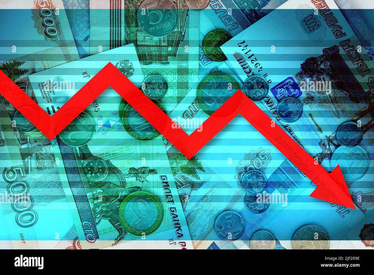 Economy Chart: Russian Rubles and Down Arrow Stock Photo - Alamy