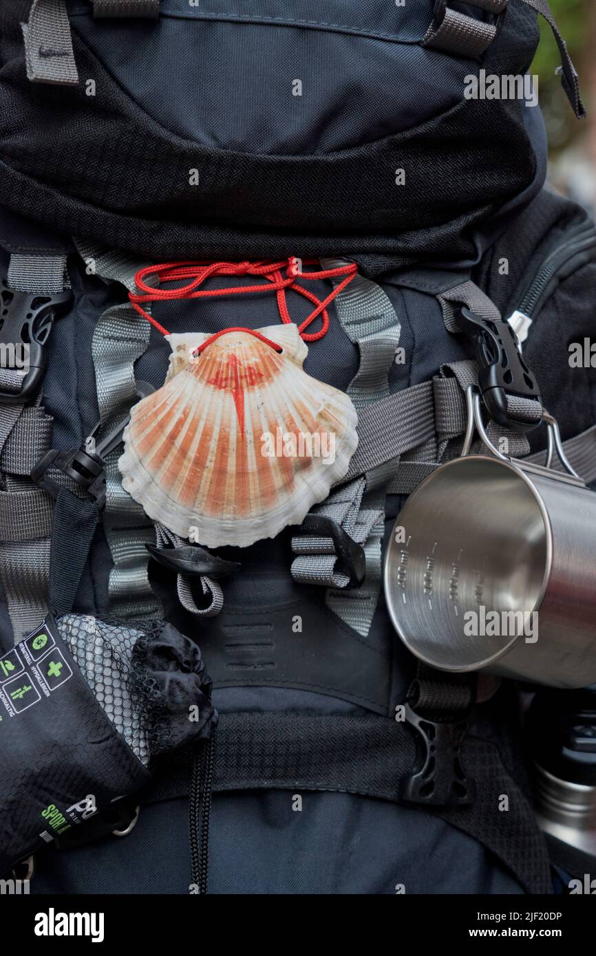 Pilgrim with shell with the sign of the Christian pilgrimage route at ...