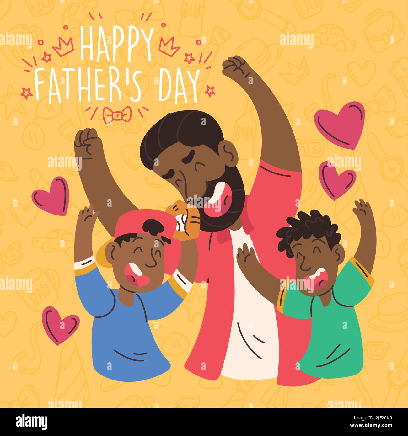 Cute afro american cartoon playing with his children Happy father day ...
