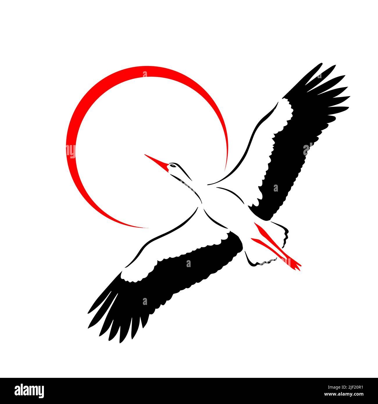 Flying stork and sun. Vector illustration. Flying stork silhouette logo ...