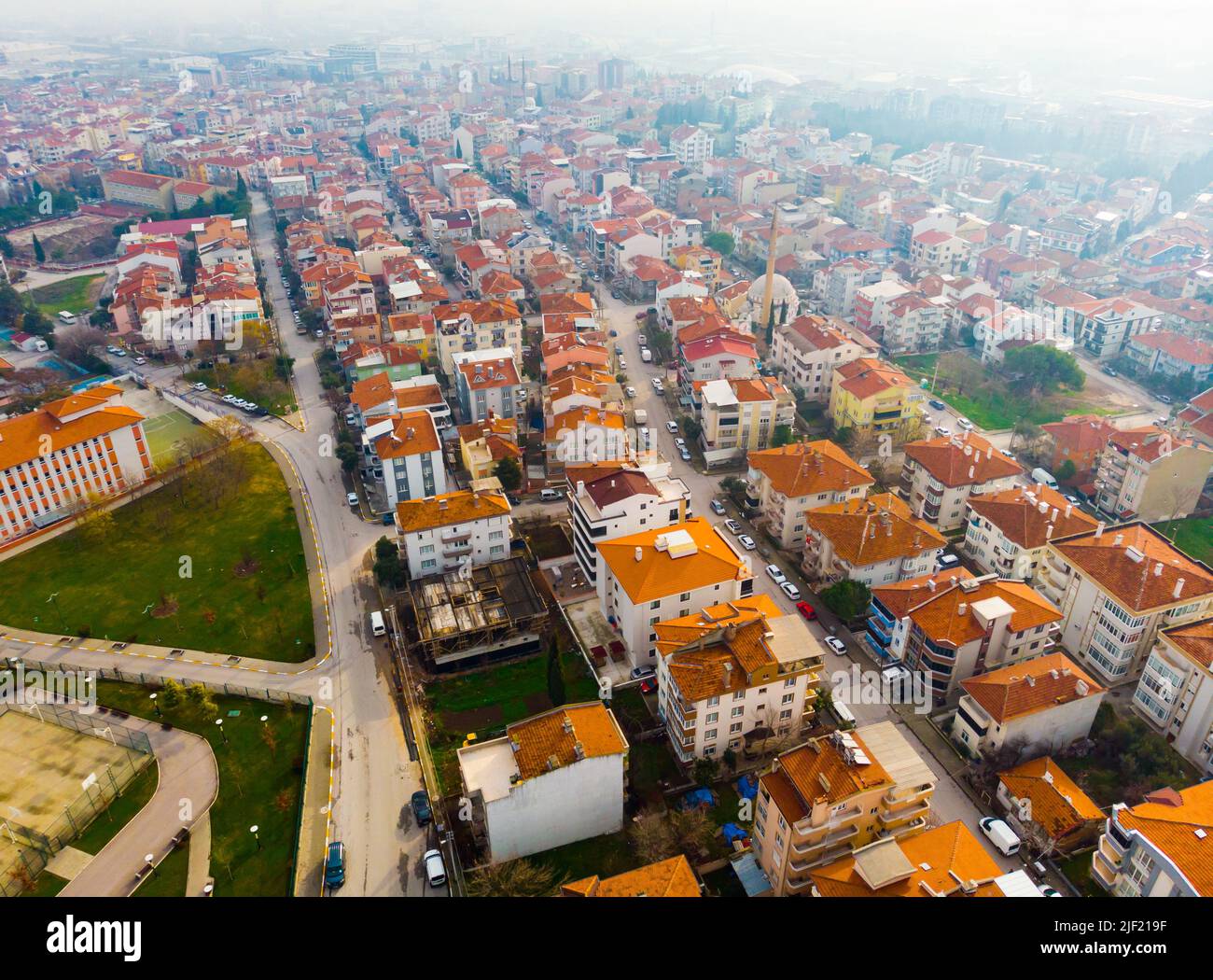 View from drone of residential districts of Turkish city of Balikesir ...
