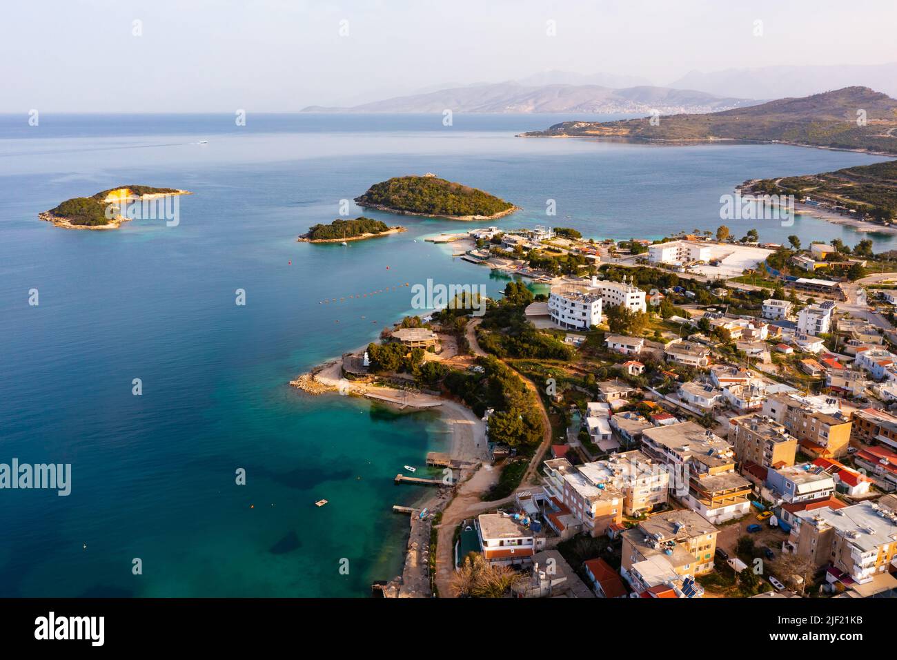 Aerial view of coastal area of Albanian city of Ksamil on Mediterranean ...