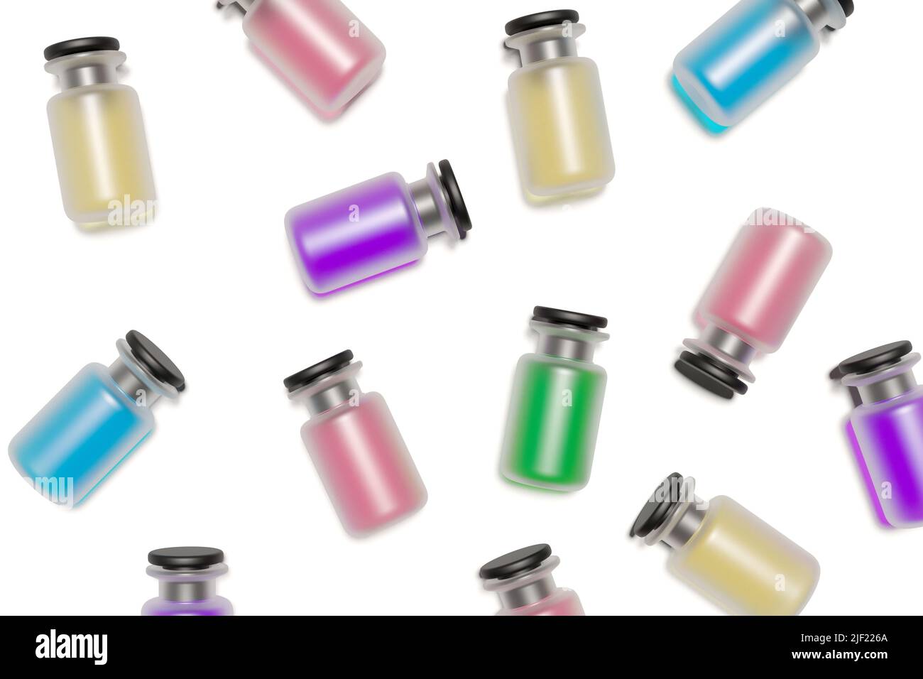 Glass bottles with different colored liquid content and black rubber ...