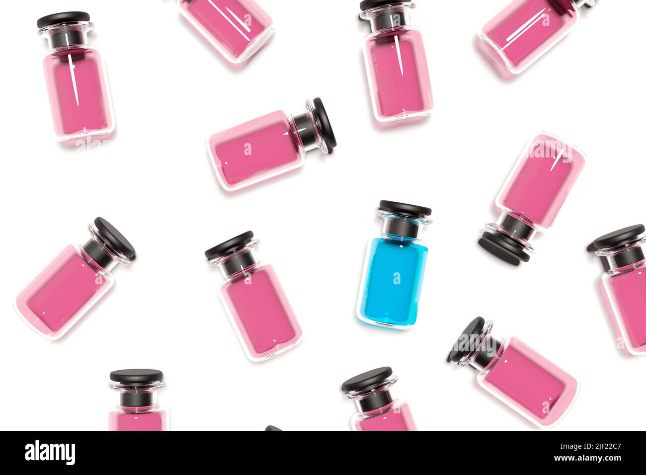 Glass bottles with pink and blue liquid content and black rubber plug ...