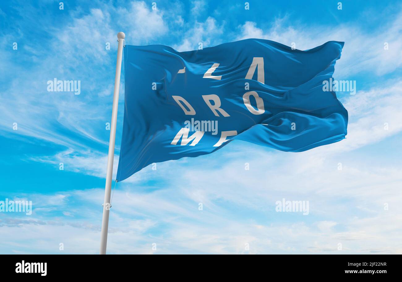 flag of department of Drome, France at cloudy sky background on sunset ...