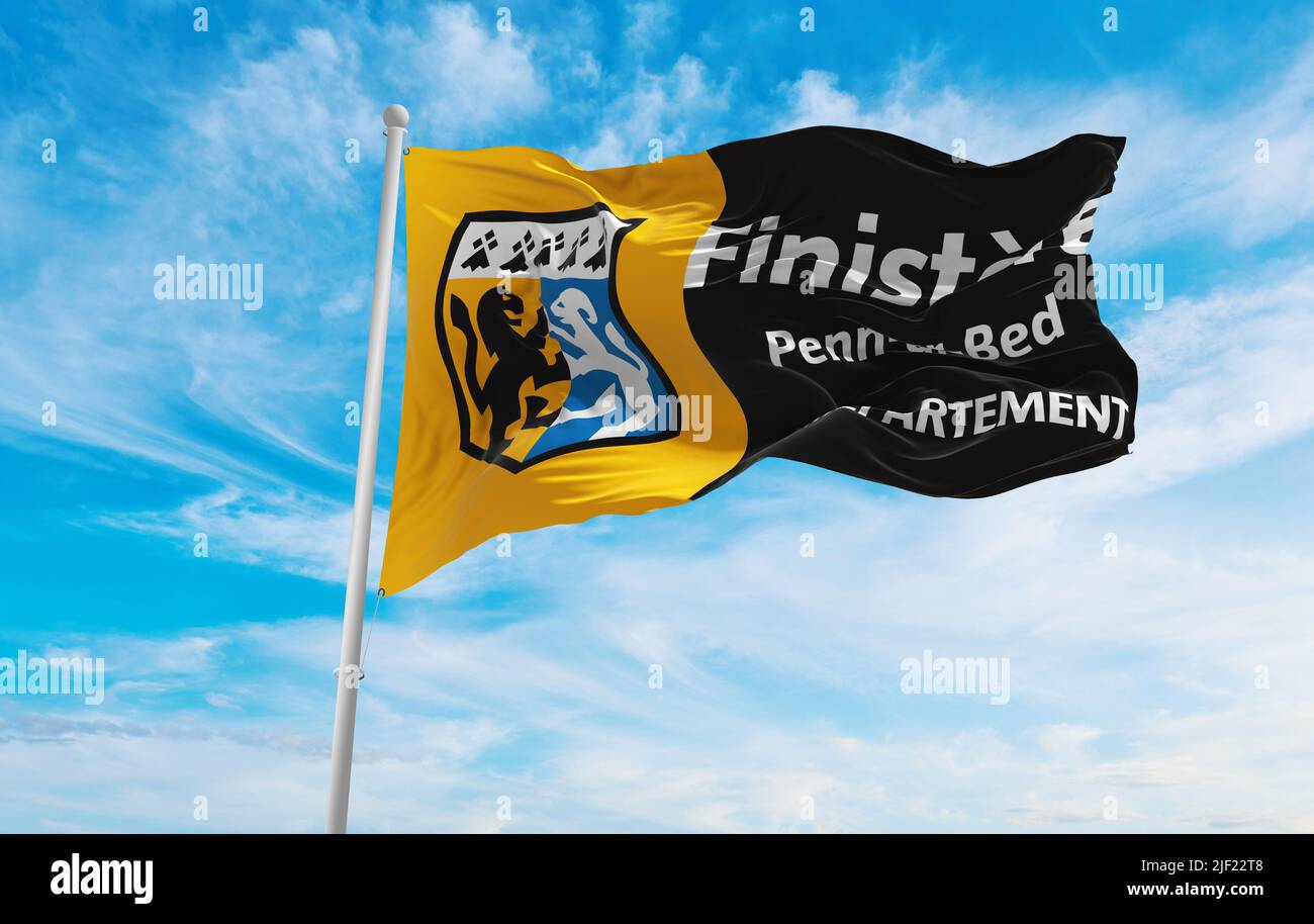 flag of department of Finistere, France at cloudy sky background on ...