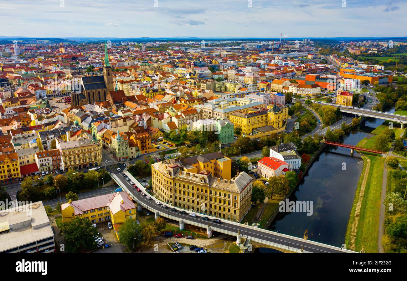 Aerial landscape of czech town of Pilsen with old historical houses in ...
