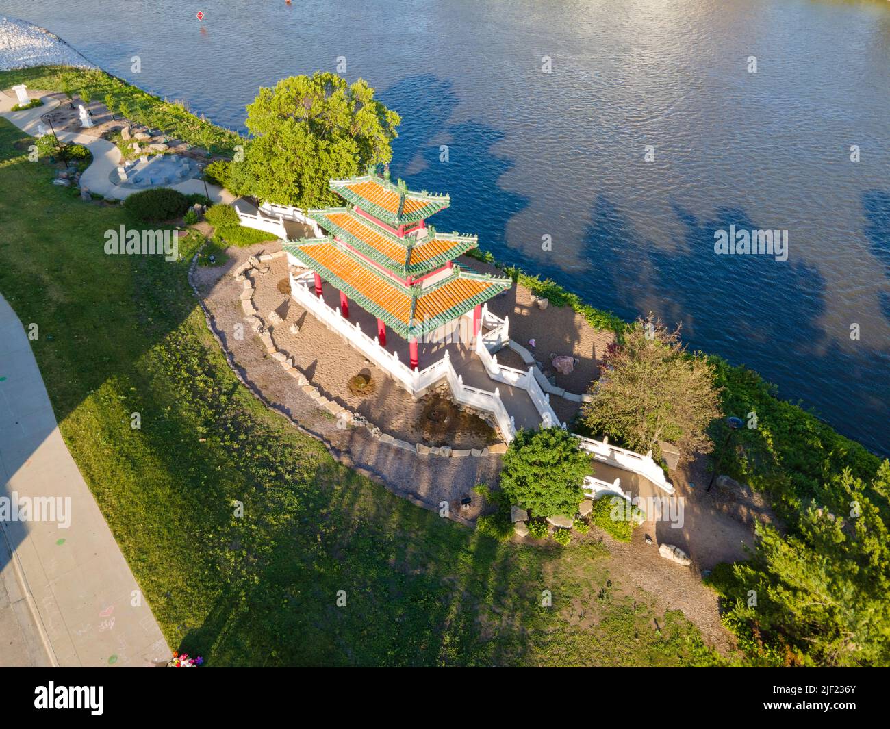 Aerial photograph of the Robert D. Ray Asian Garden, along the Des ...
