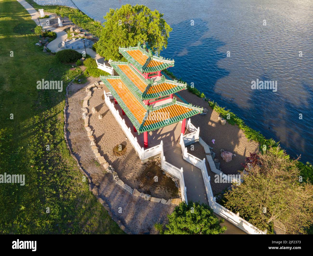Aerial photograph of the Robert D. Ray Asian Garden, along the Des ...