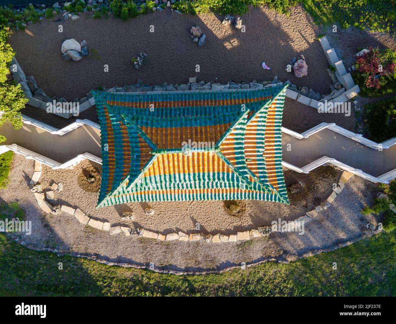 Aerial photograph of the Robert D. Ray Asian Garden, along the Des ...
