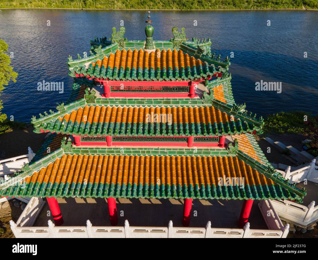 Aerial photograph of the Robert D. Ray Asian Garden, along the Des ...