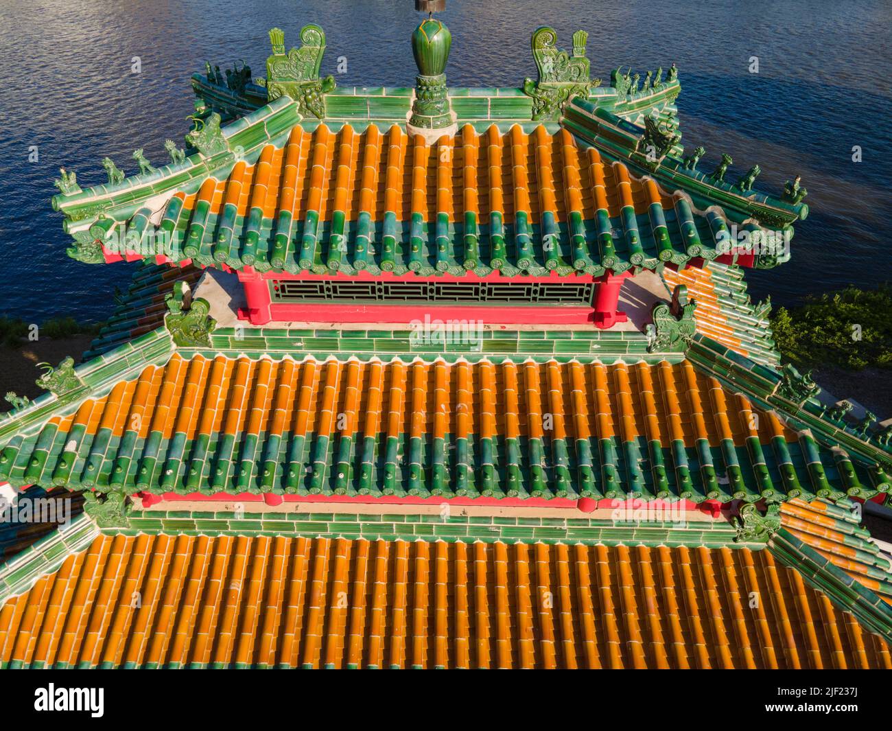 Aerial photograph of the Robert D. Ray Asian Garden, along the Des ...