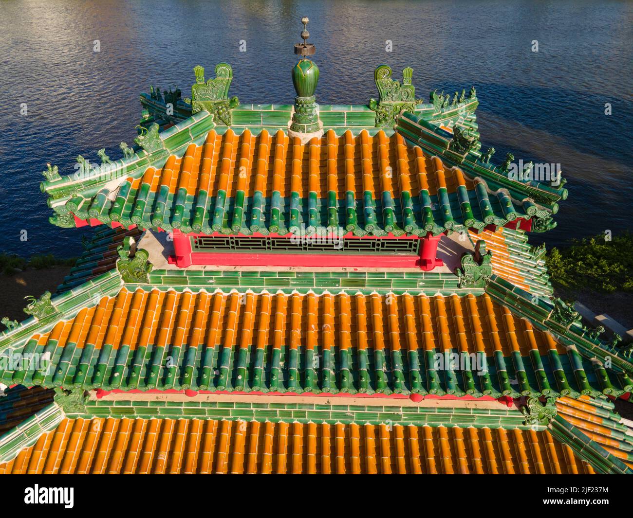 Aerial photograph of the Robert D. Ray Asian Garden, along the Des ...