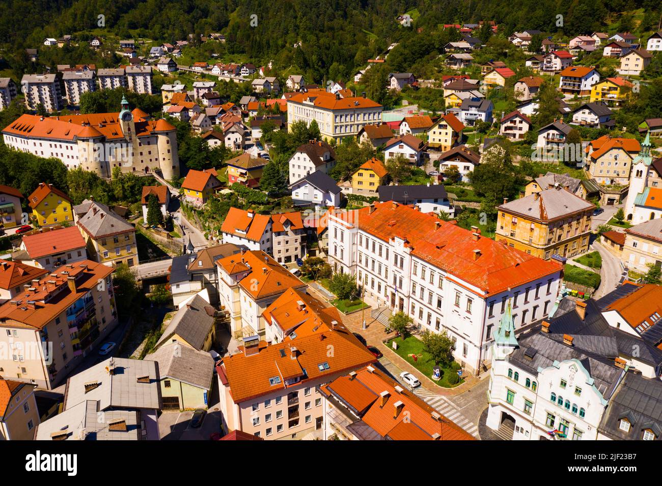 Aerial cityscape of Idrija Stock Photo - Alamy