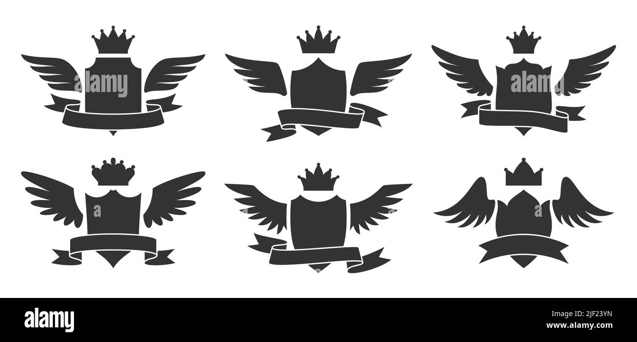 Shield wing crown ribbon emblem black glyph set. Elegant military ...