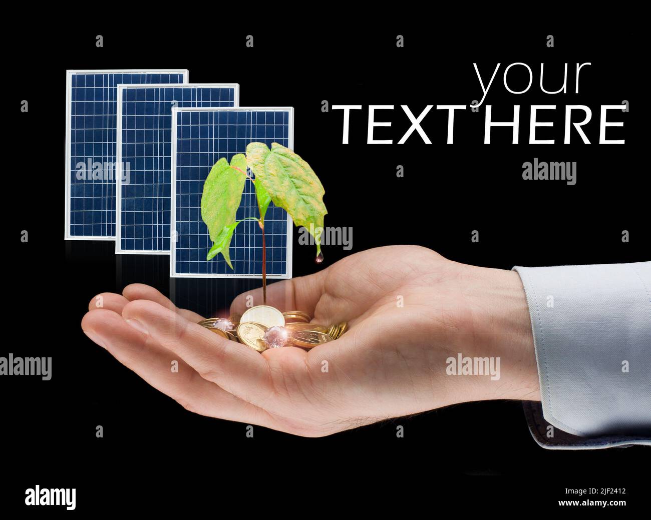 Solar panels on your hand and coins in your hand. The concept of saving ...