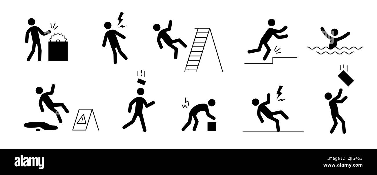 Accident pictogram man icon. Work safety, injury caution, hazard ...