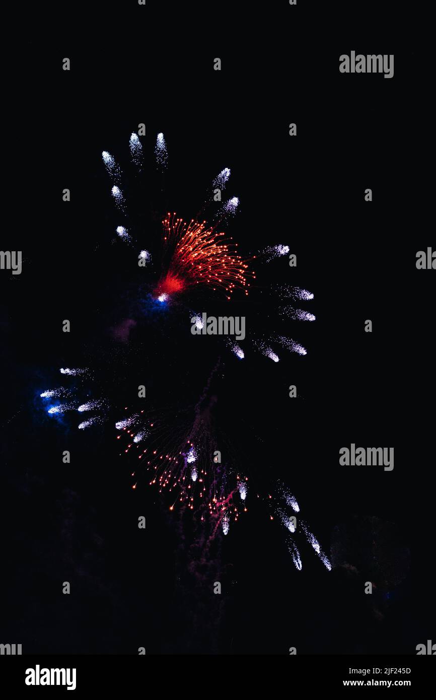 different fireworks creating the drawing of a flower in the middle of ...