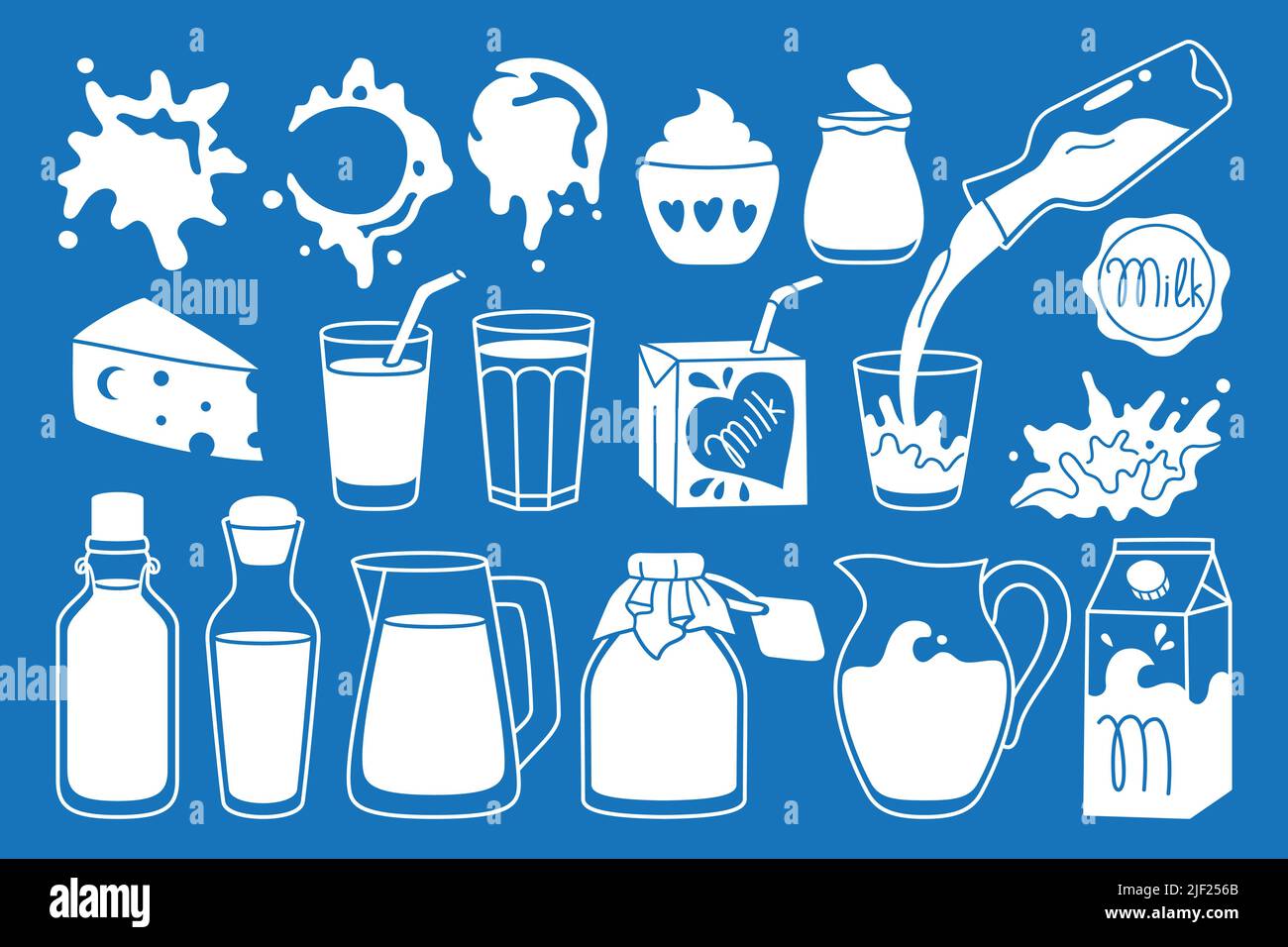 Milk food symbol set. Farm foodstuff cheese and yogurt, drink in glass ...