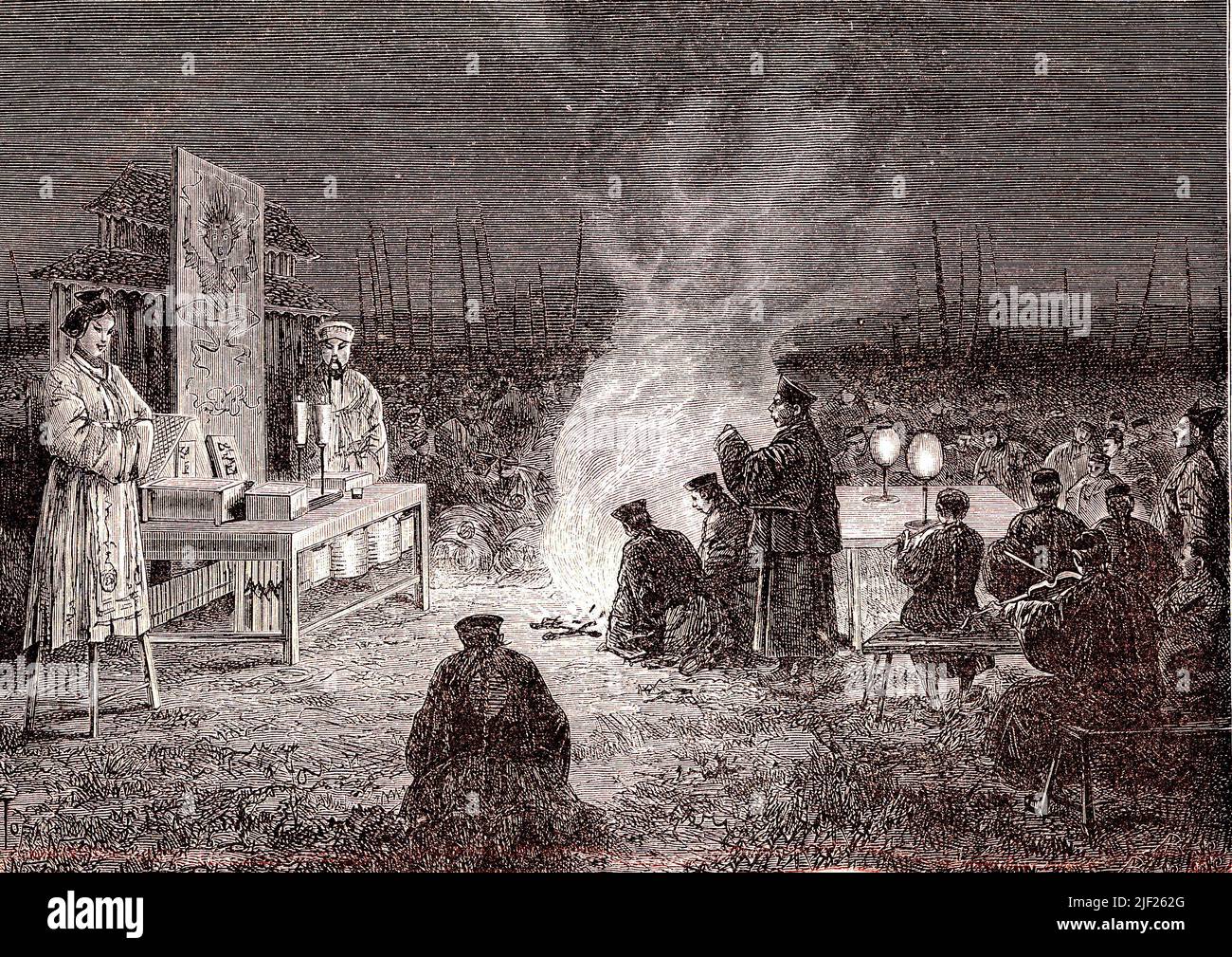 19th century illustration of a funeral ceremony held in Suzhou, China ...